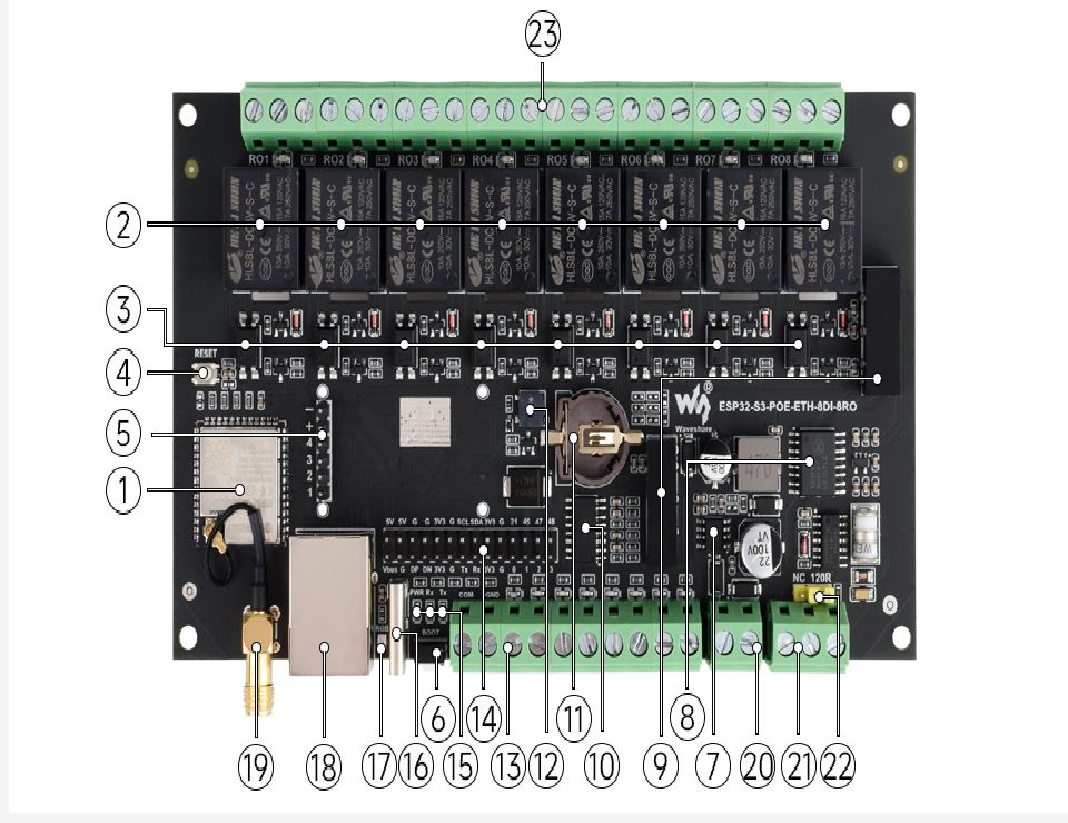 WAVESHARE 30838 Industrial 8-Channel ESP32-S3 WiFi Relay Module, Onboard isolated RS485 ...